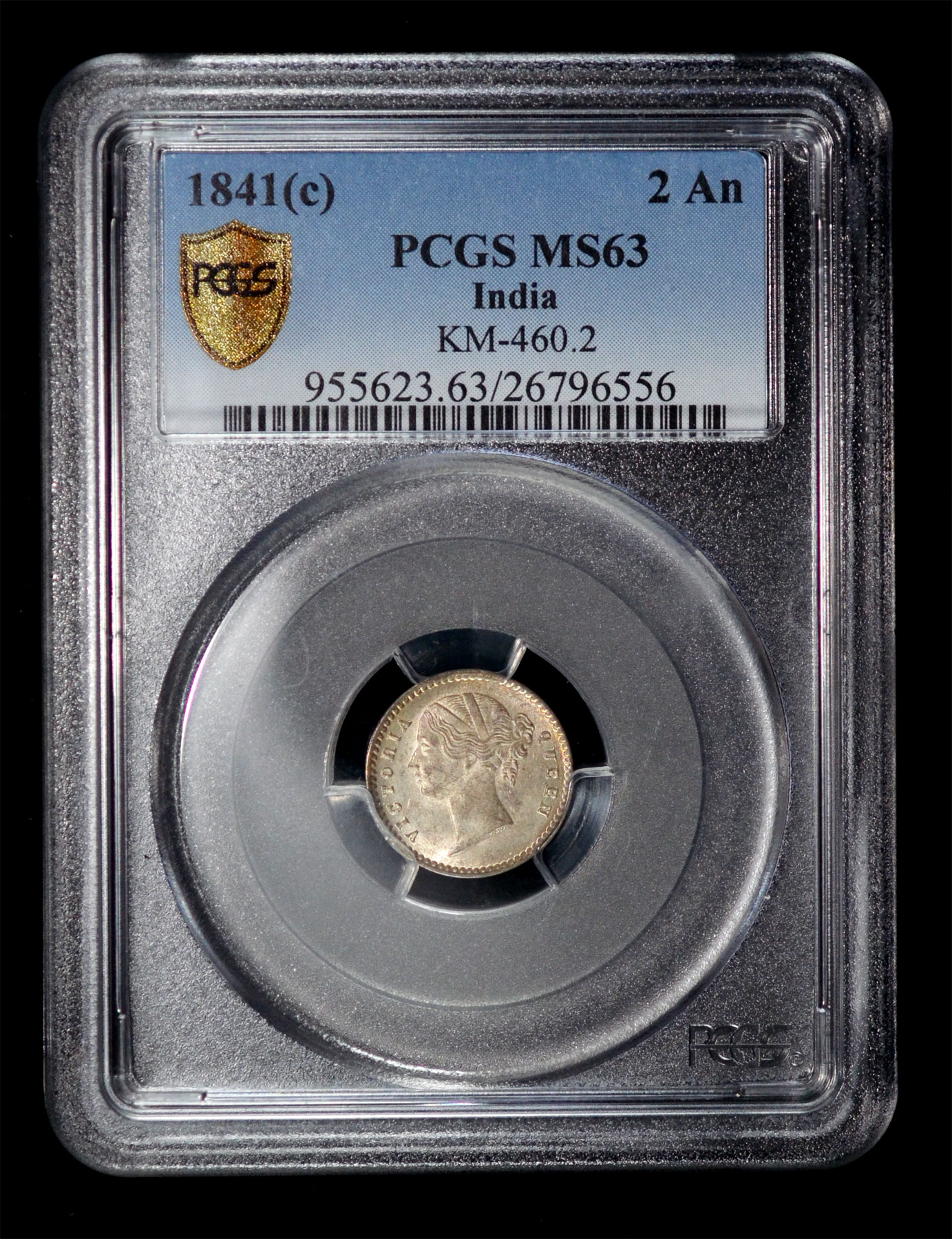 PCGS MS63 1841 C British India queen Victoria Silver 2 Anna