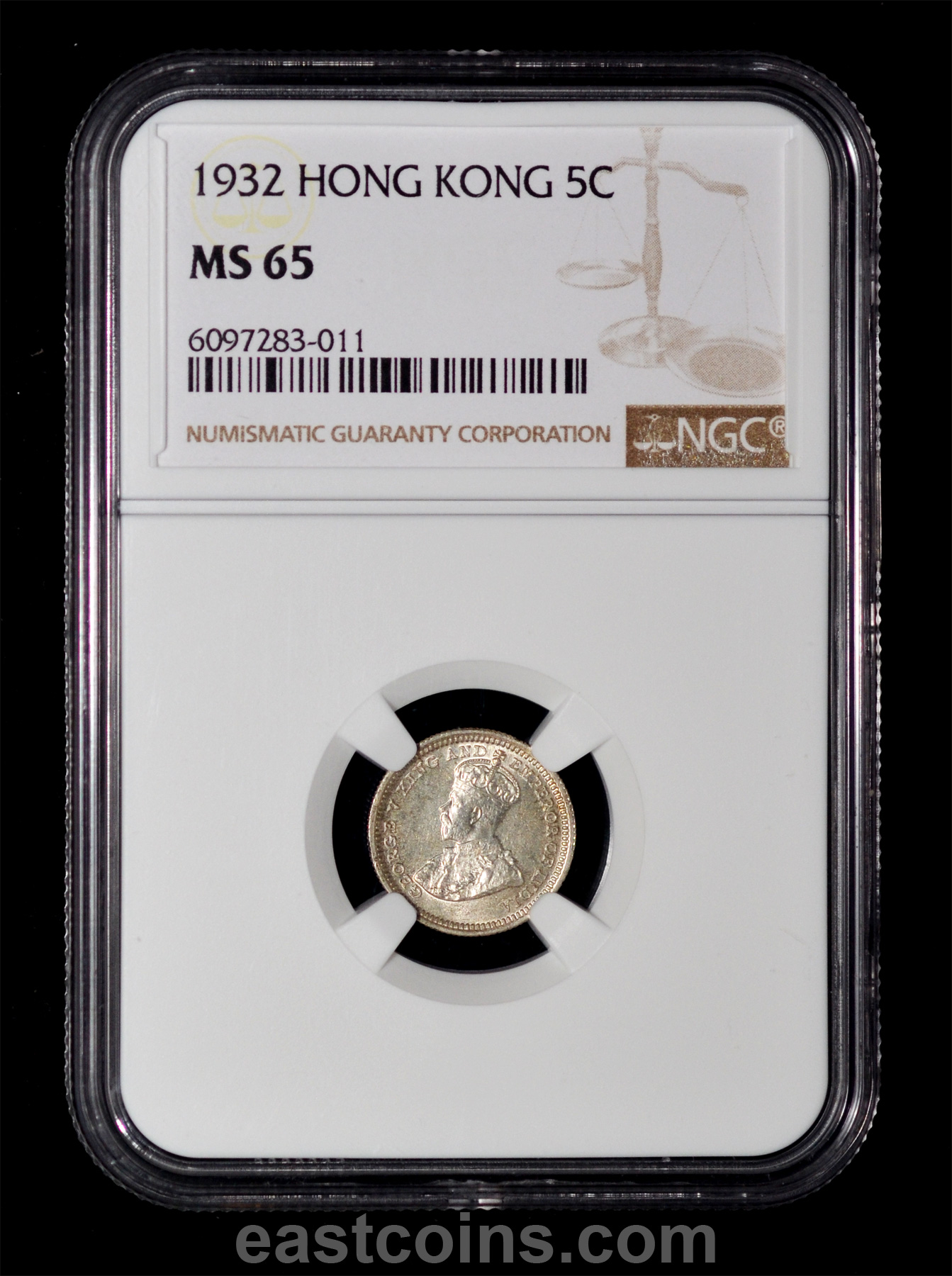 NGC MS65 1932 Hong Kong George V Silver 5 Cents