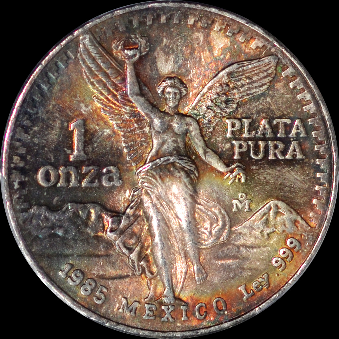 PCGS MS67 1985 Mo Mexico 1 Silver Onza, Gorgeous color! Nice Toning!