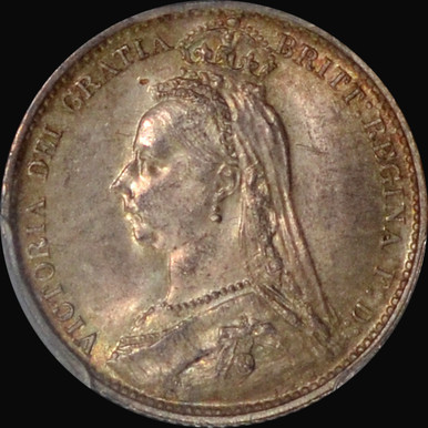 PCGS MS64 1887 Great Britain 6 Pence Shield Rev - toned!