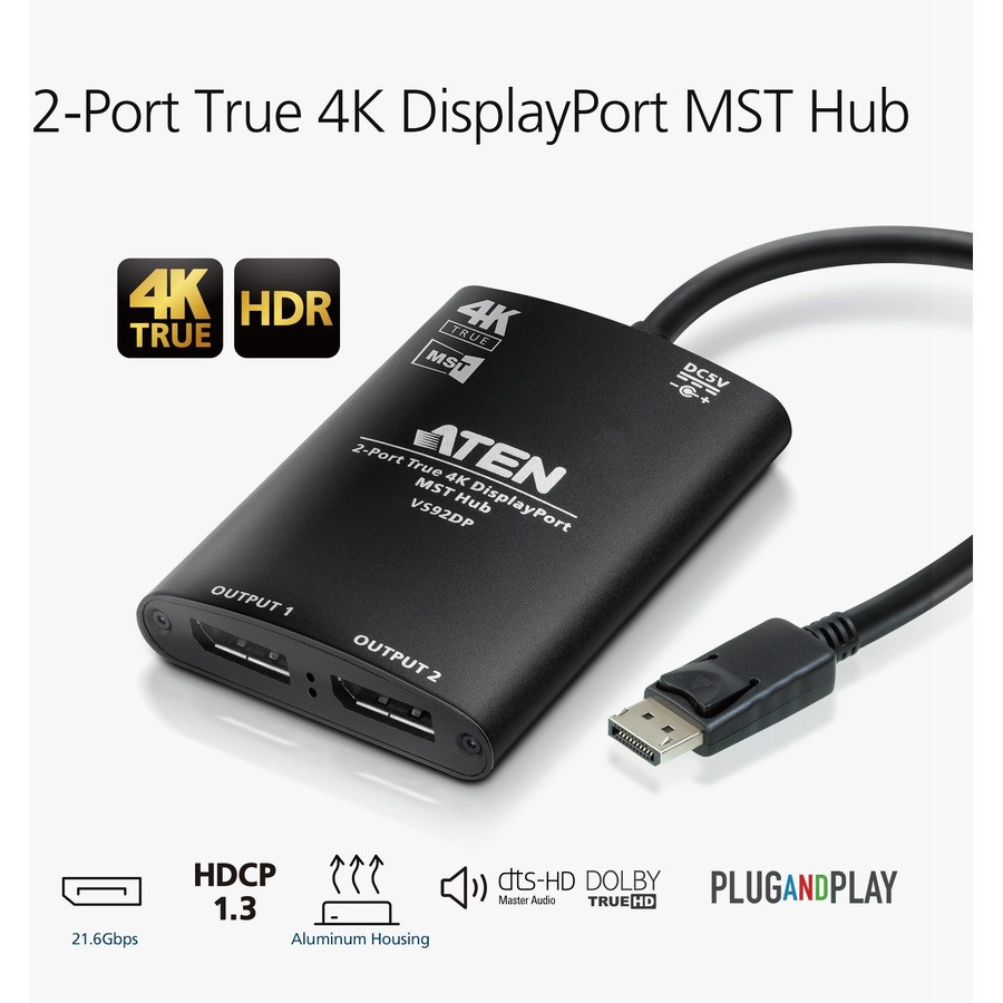 ATEN 2-Port True 4K DisplayPort MST Hub 3840 2160 VS92DP