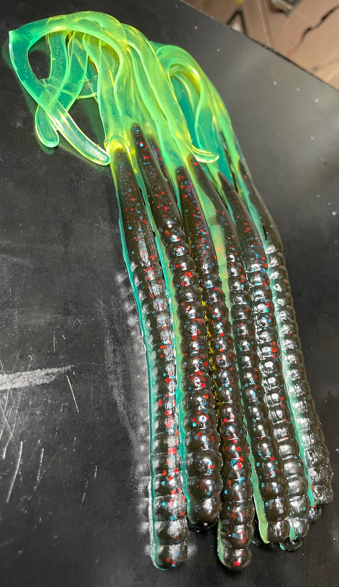 11" Ribbon Tail Worm Color: Black red & blue flake Chart 25 count pack ...