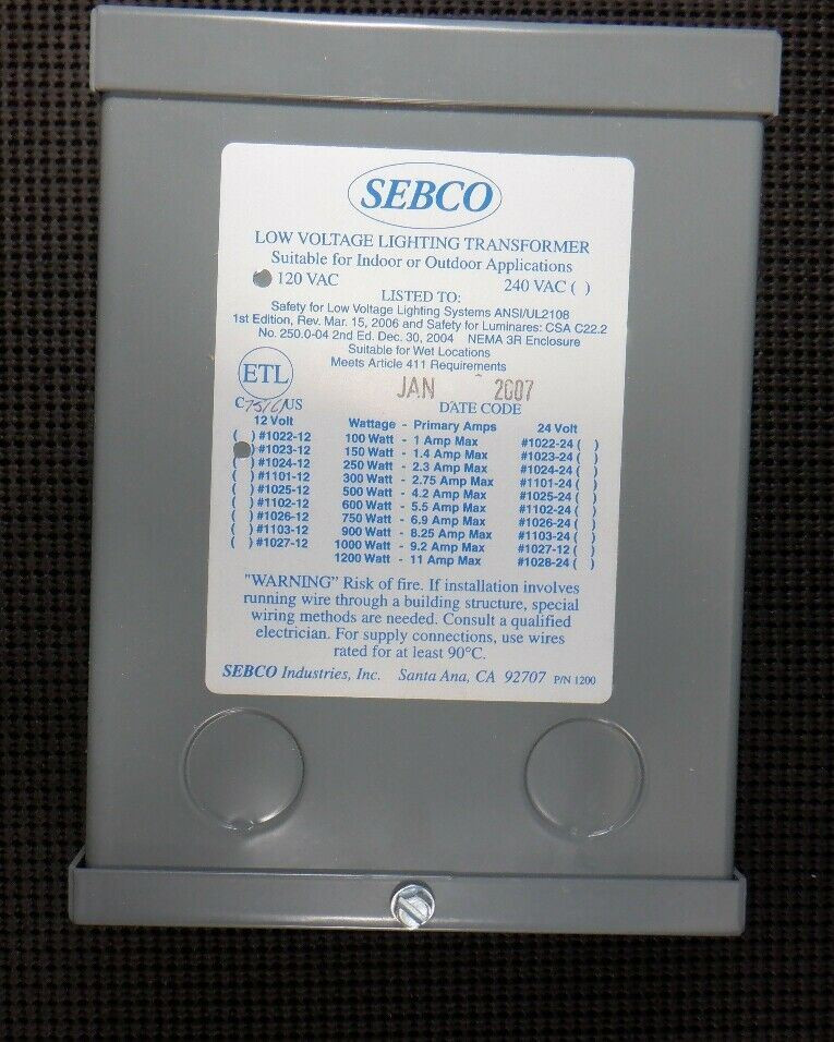 Sebco 1023-12 150W 120/12 Volt Low Voltage Lighting Transformer Indoor ...