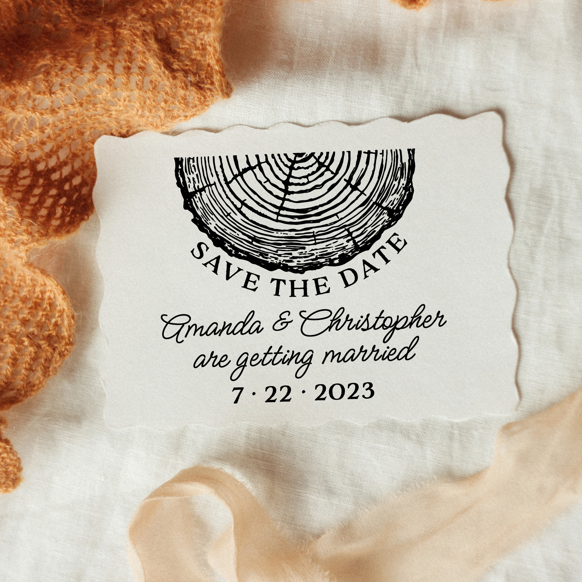 Wood Slice Save the Date Stamp - Personalized Wedding Rubber Stamp
