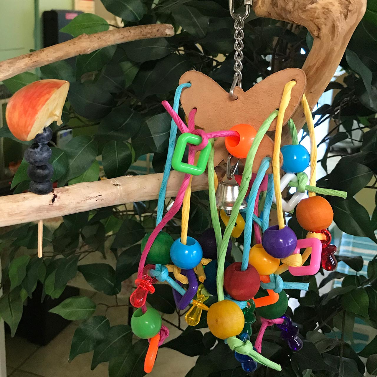 Leather Bird Toys - Butterfly with color beads, papers & a bell 6" x 12"