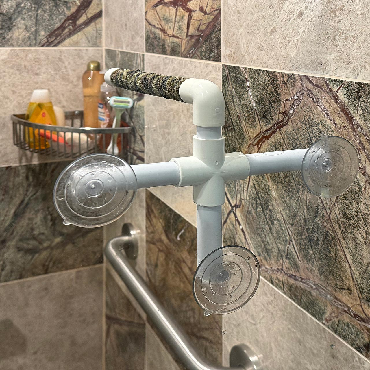 Fold Away Shower Perch with a Vet Wrap roll for small to medium size bird