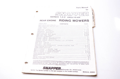 Snapper 06002 Parts Manual Rear Engine Riding Mowers - In Stock ...