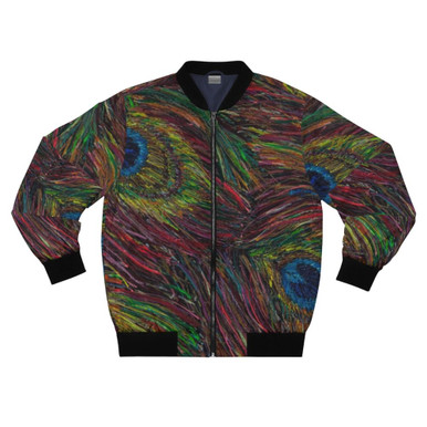 Peacock Feather Bomber Jacket - Jillian's Feathers - nerdoutloudpod