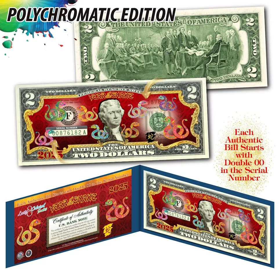 2025 Lunar Chinese New YEAR OF SNAKE Polychrome 8 COLOR SNAKES $2 Bill ...