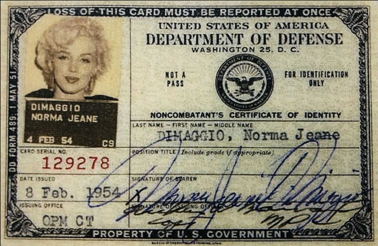 Marilyn Monroe Department Of Defense Novelty 1954 ID Card and 4"x 6 ...