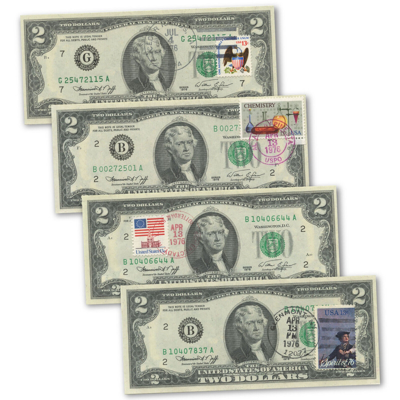 1976 UNC Genuine $2 U.S. Bill with 1976 Stamp & 1976 Postmark - 1st Day ...
