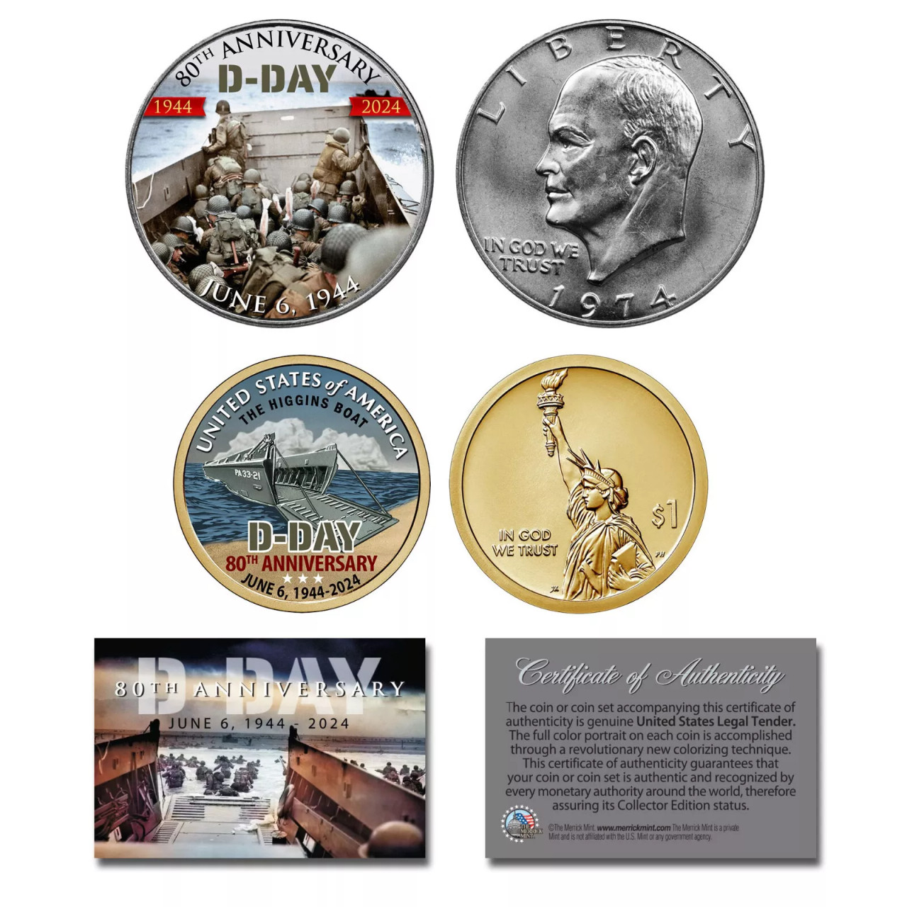 WWII D-DAY 80th Anniversary U.S. IKE Dollar & Higgins Boat $1 Dollar 2 ...