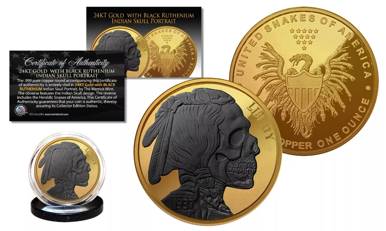 INDIAN HEAD SKULL 1 oz Copper Coin 24K GOLD GILDED with Black Ruthenium ...