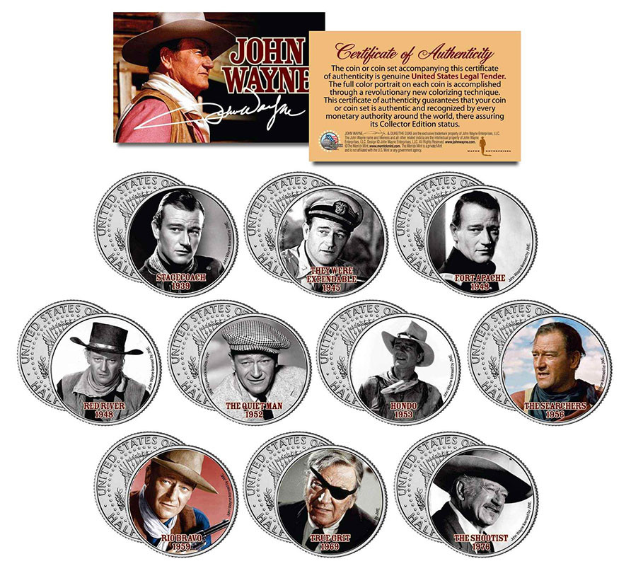 John Wayne Movies Colorized JFK Half Dollar 10 Coin Set