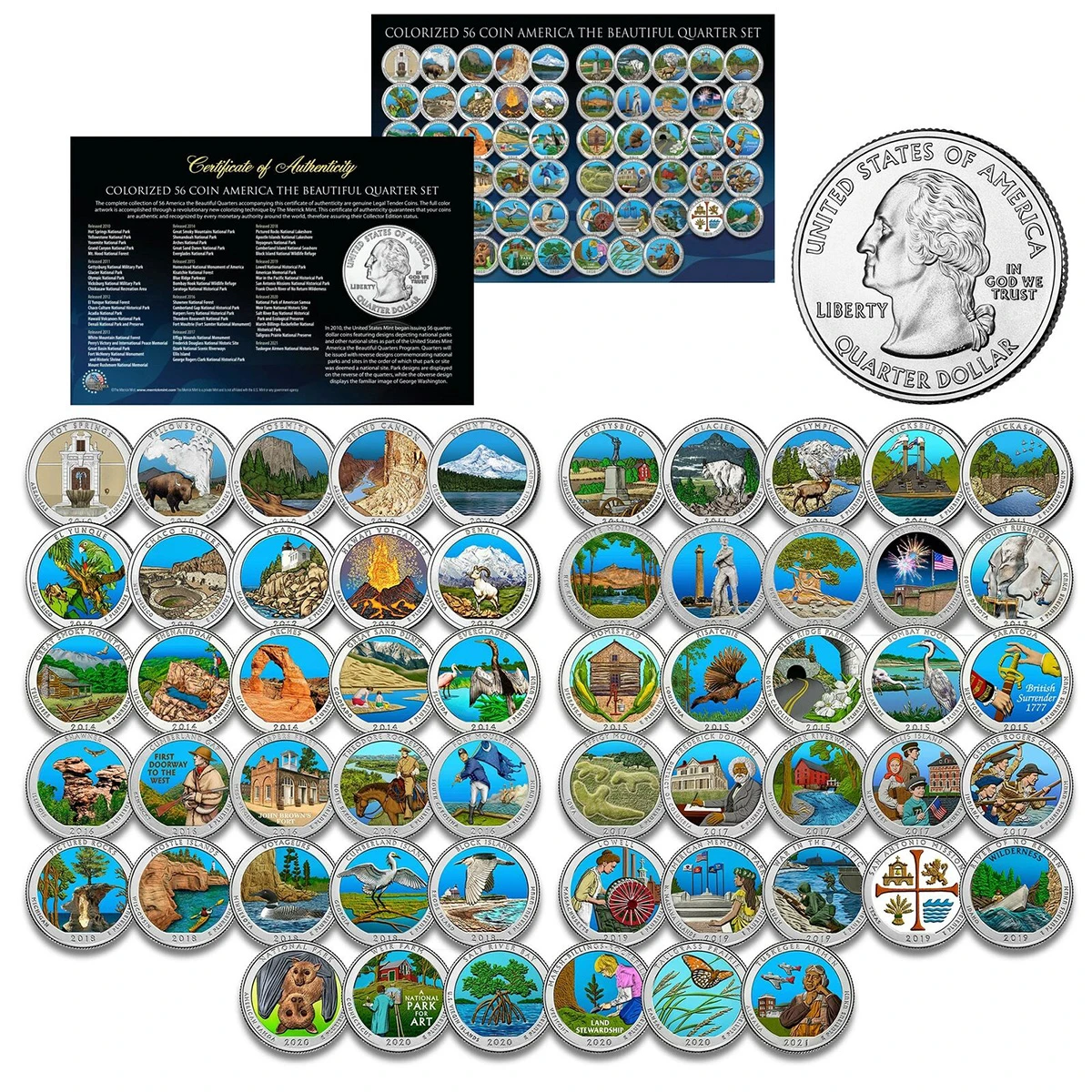 Colorized America The Beautiful Quarter Series Complete 56 Coin Set ...