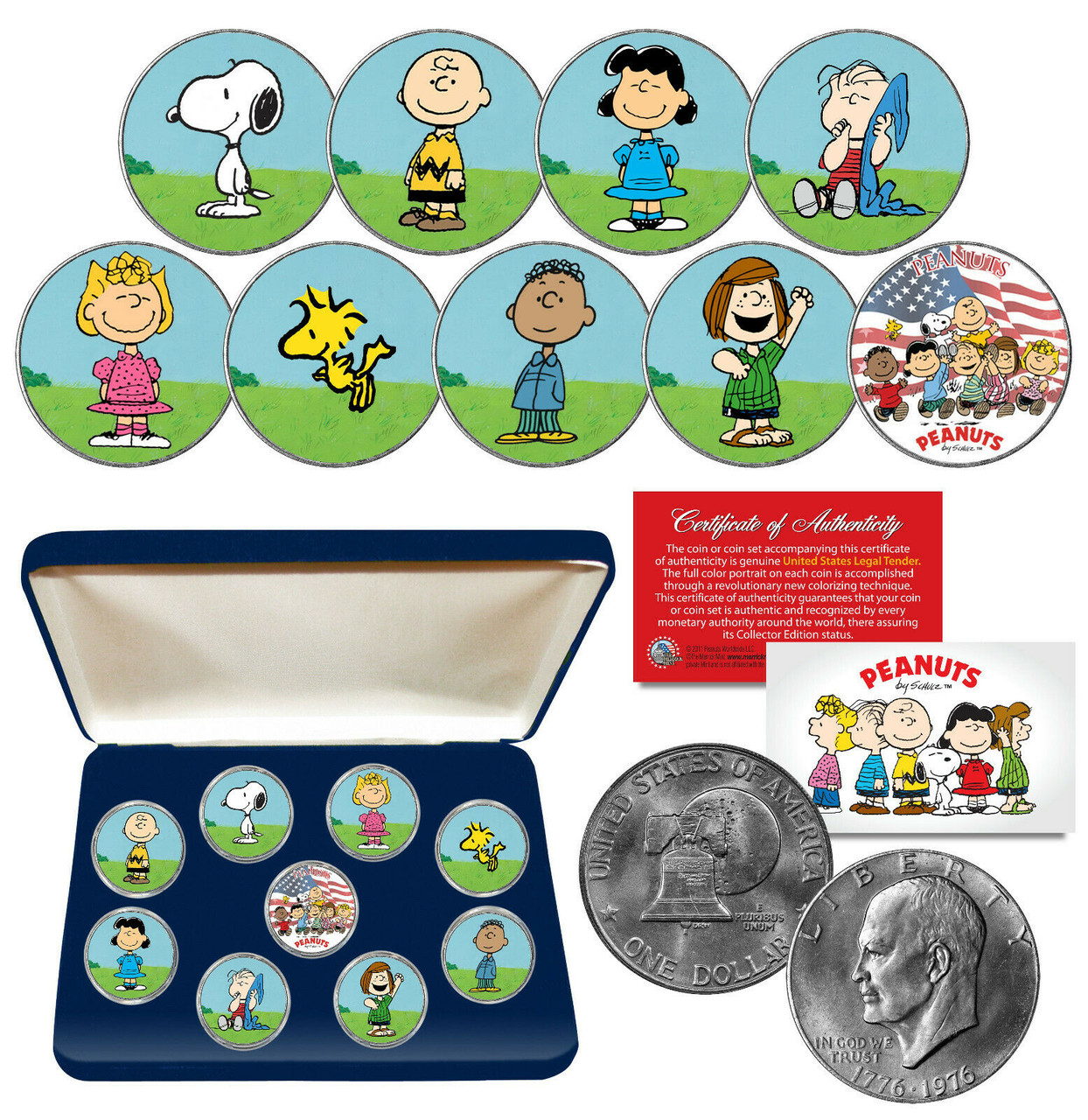 PEANUTS 1976 Eisenhower Dollar 9 Coin Set PEANUTS GANG in Display Box