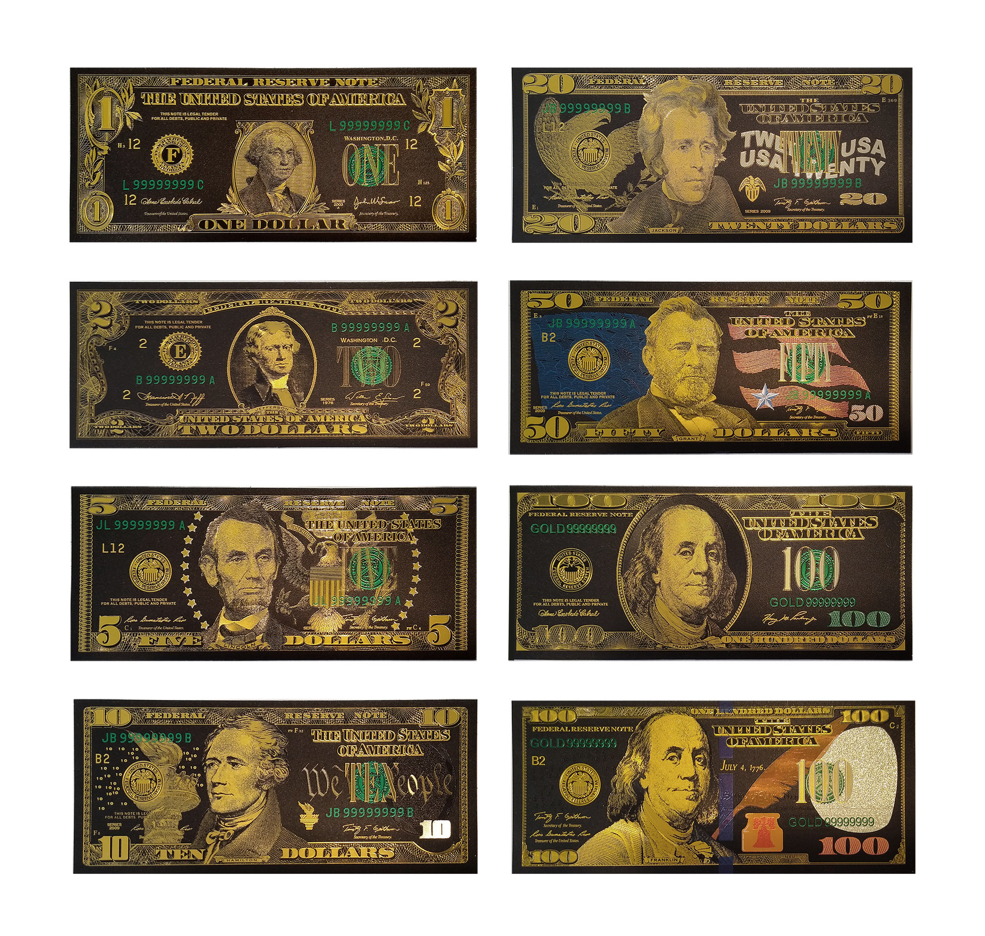 Set of All 7 Colorized U.S. Bills $1, $2, $5, $10, $20, $50 & $100