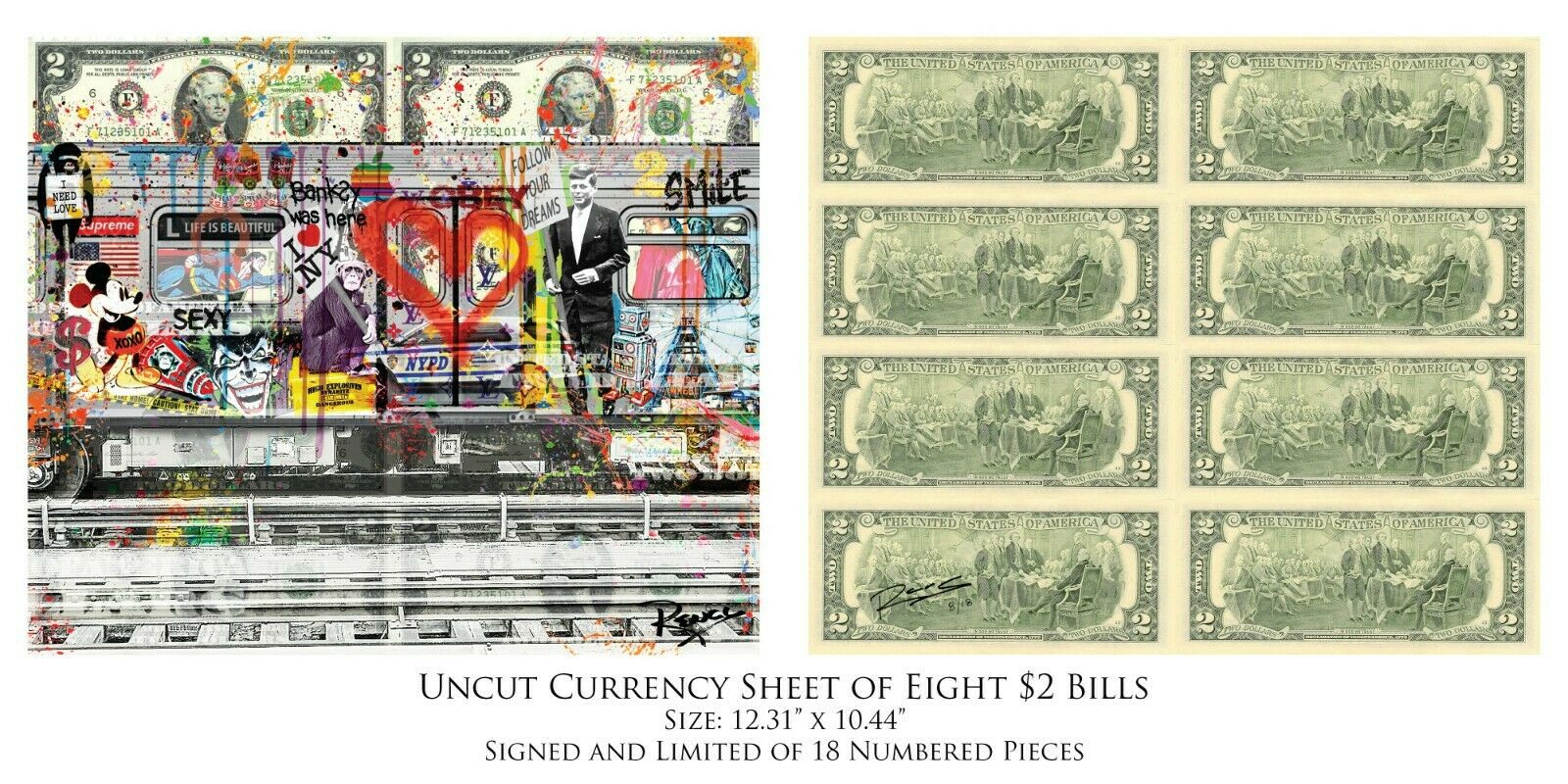 Rency Art Life Is Beautiful Uncut Sheet 8 U.S. $2 Bills Pop Art Icons ...