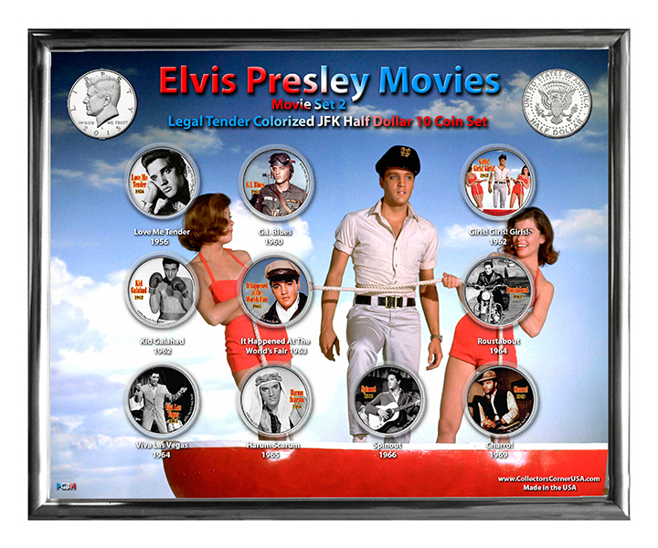 Elvis Movies Set 2 Colorized JFK Half Dollar 10 Coin Set in 8" x 10" Frame