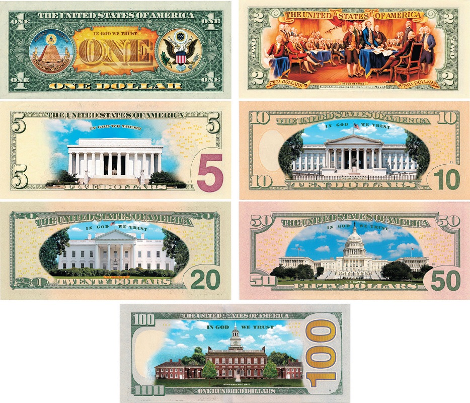 Set of All 7 Colorized U.S. Bills $1, $2, $5, $10, $20, $50 & $100