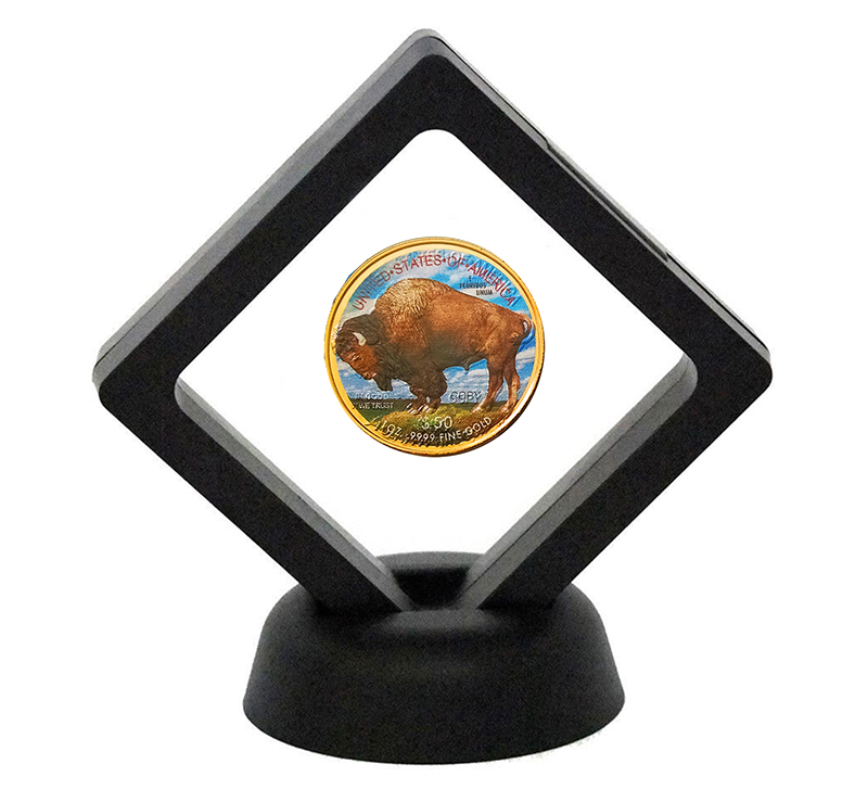 Colorized American $50 Gold Buffalo Replica Coin in 3D Floating Display