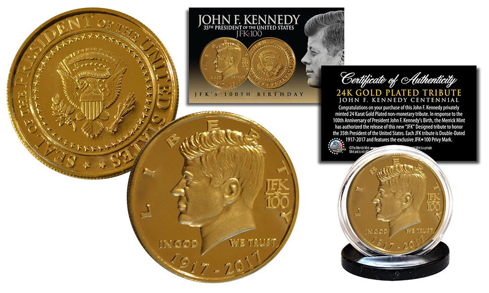 John F. Kennedy 35th President 100th Birthday 24K Gold Plated Tribute Coin