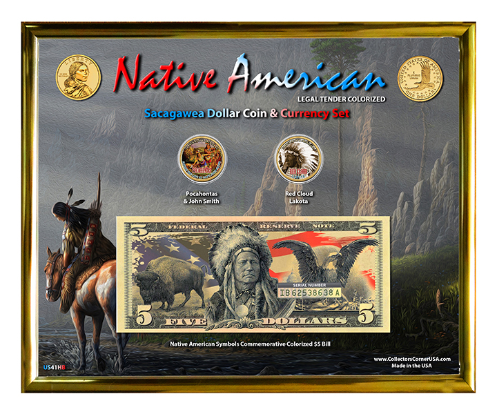 Native American Symbols Set 3B Colorized Sacagawea Dollar Coin & $5 ...