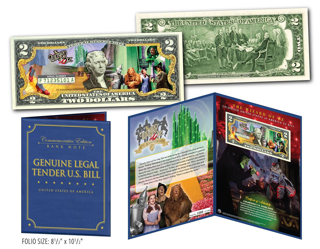 Wizard of Oz Yellow Brick Road Colorized $2 Bill in Collectible 8"x10 ...