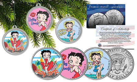Betty Boop 3 Coin Set of Colorized JFK Half Dollar Christmas Ornaments
