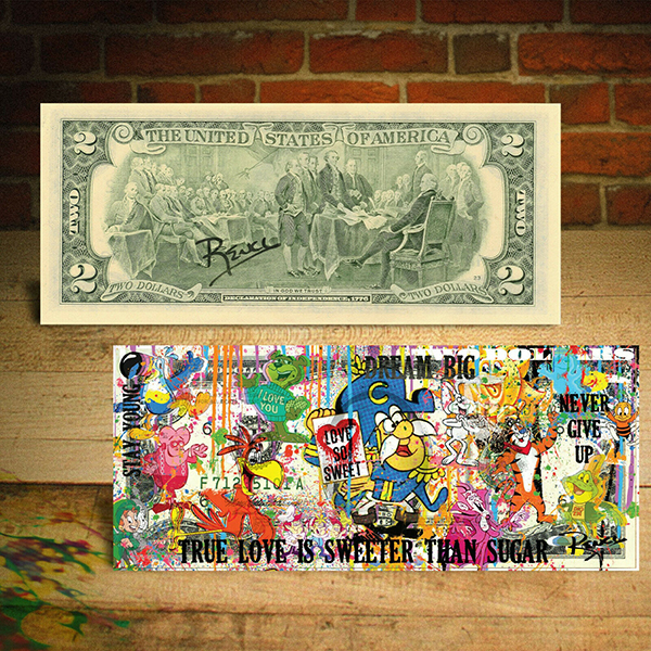 Rency Art Famous Cereal Characters Hand Signed Colorized $2 Bill