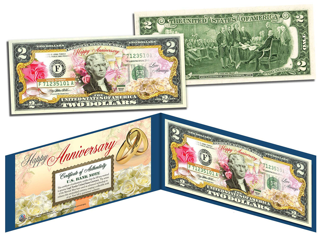 Happy Anniversary Colorized $2 Bill