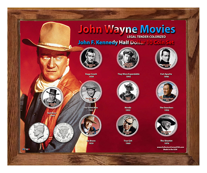 John Wayne Movies Colorized JFK Half Dollar 10 Coin Set in 8" x 10" Frame