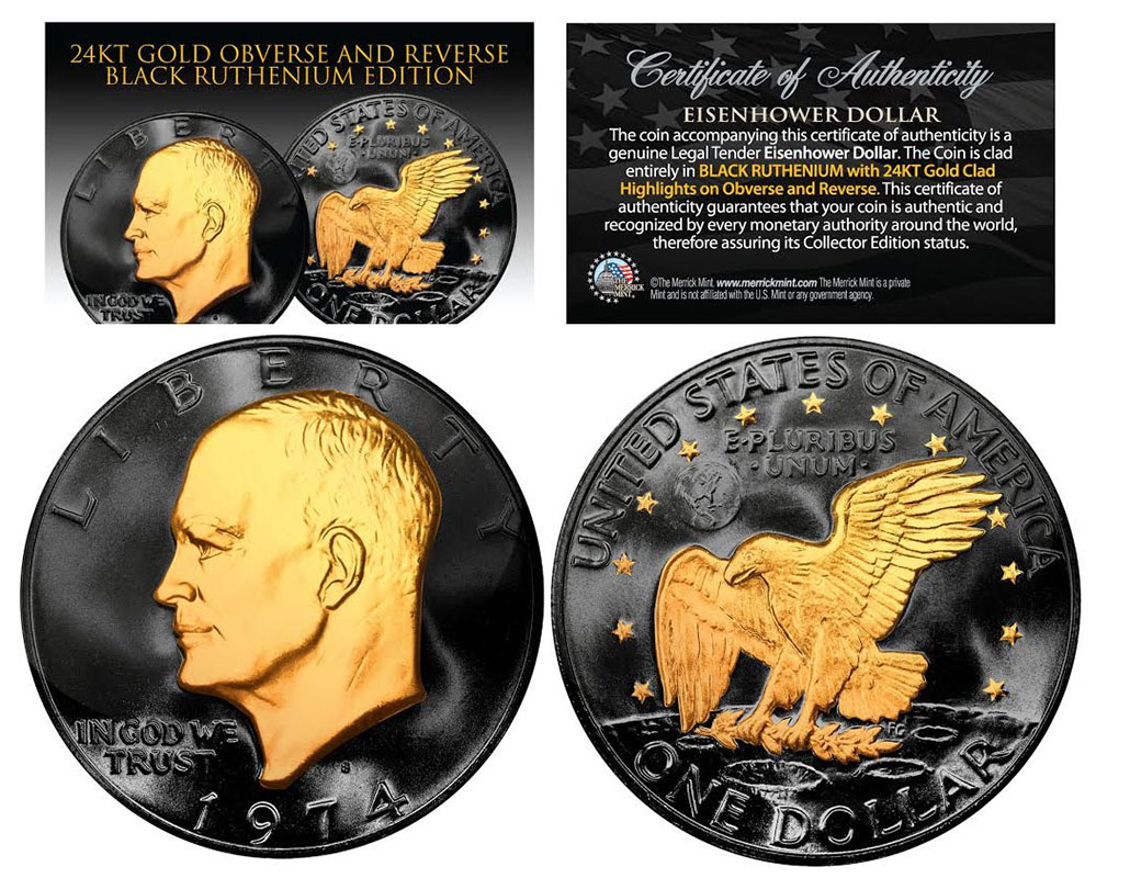 Black Ruthenium Clad 24K Gold Plated Eisenhower Dollar