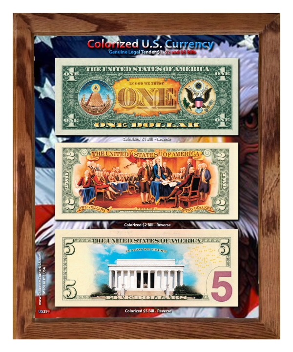 U.S. Colorized $1, $2 & $5 Currency Set in 8" x 10" Frame - Reverse Daytime