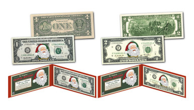 THE ORIGINAL SANTA BUCKS Christmas Keepsake $1 & $2 Bill in Red Folios ...