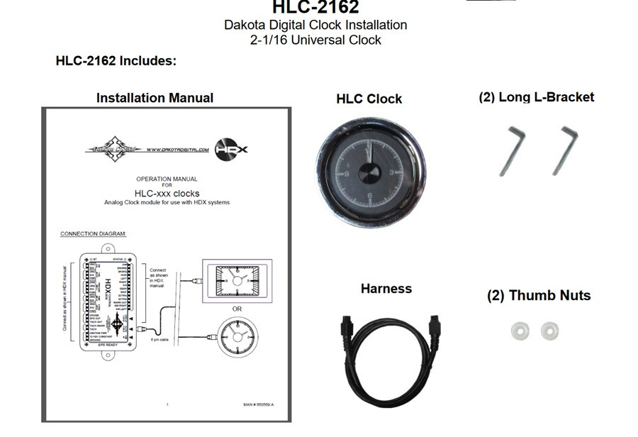 Dakota Digital 2-1/16" Round Universal Analog Clock Gauge for HDX System HLC-2162
