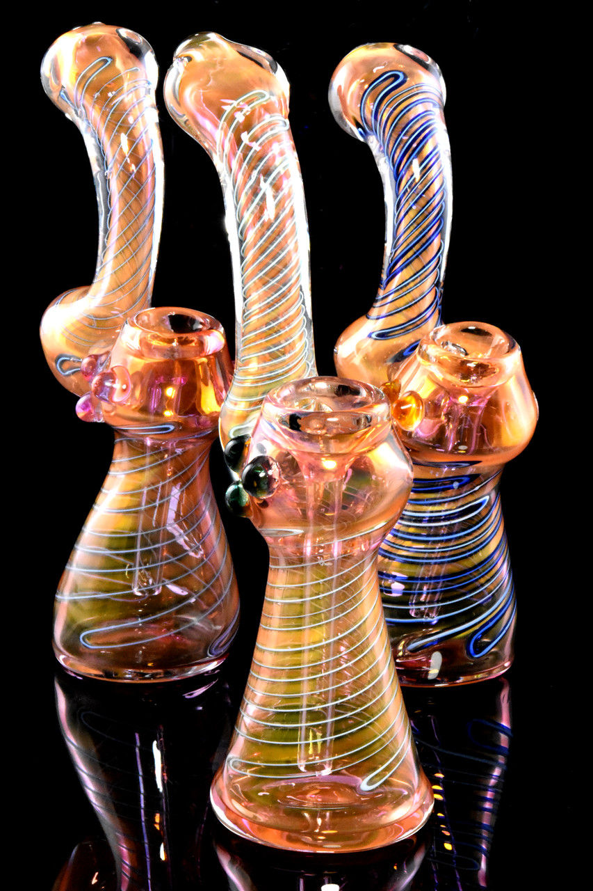 Gold Fumed Color Changing Swirl Striped Glass Sherlock Bubbler - B1321 ...