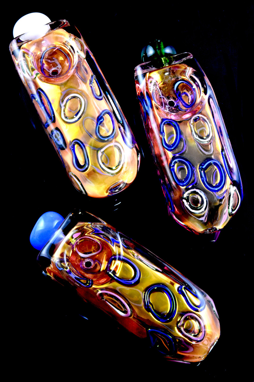 Gold Fumed Circle Striped Square Glass Pipe - P2825 | Bulk Hand Pipes