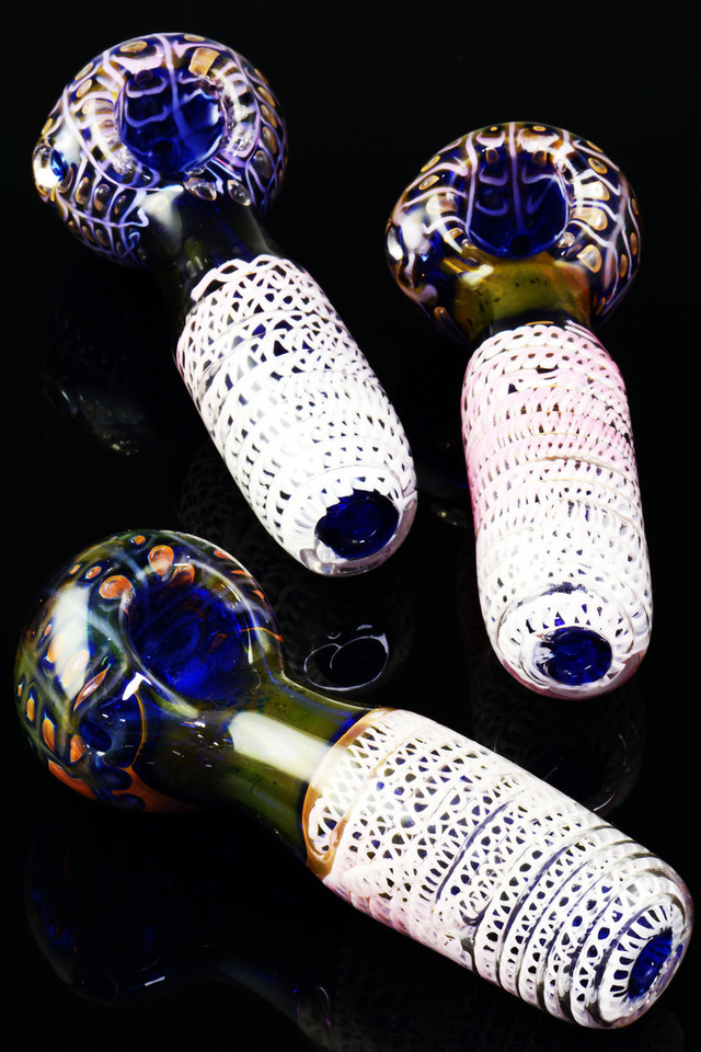 Thick White Striped Gold Fumed Color Changing Glass Bubble Pipe - P962