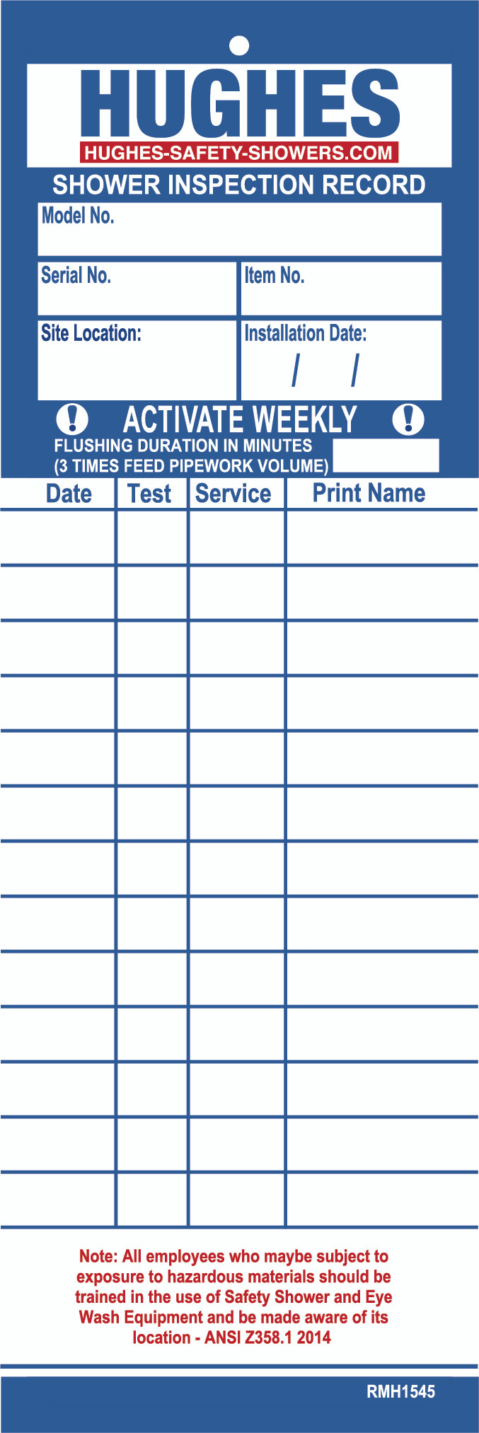 Hughes SERVICE-CARDS Equipment Inspection Record - Each | Western ...