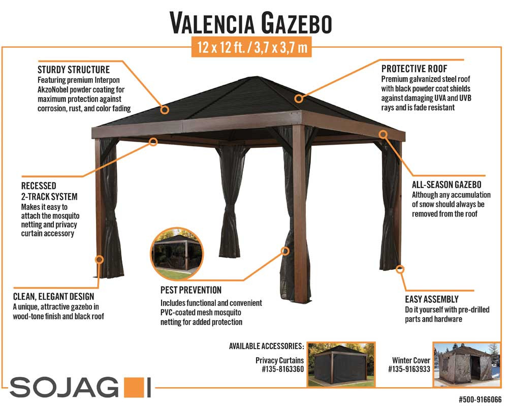 Sojag Valencia Gazebo Wood Finish 12 x 12 ft. with Mosquito Netting