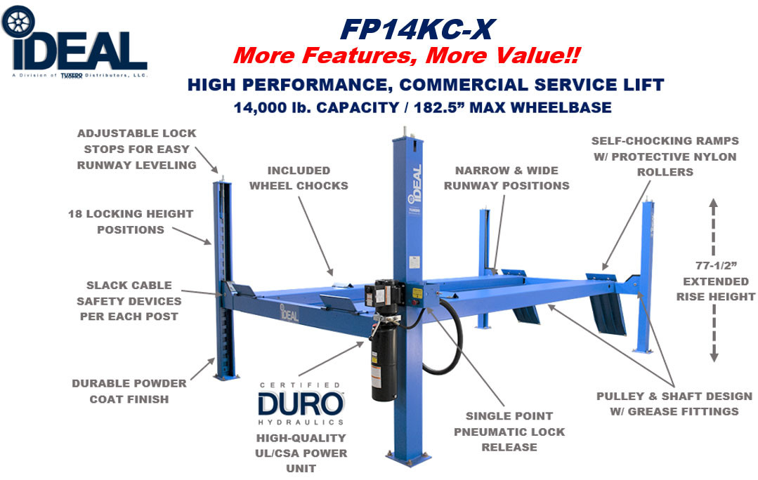 iDeal FP14KC-X 14,000 lb Closed Front, Cable Driven 4 Post Service Lift