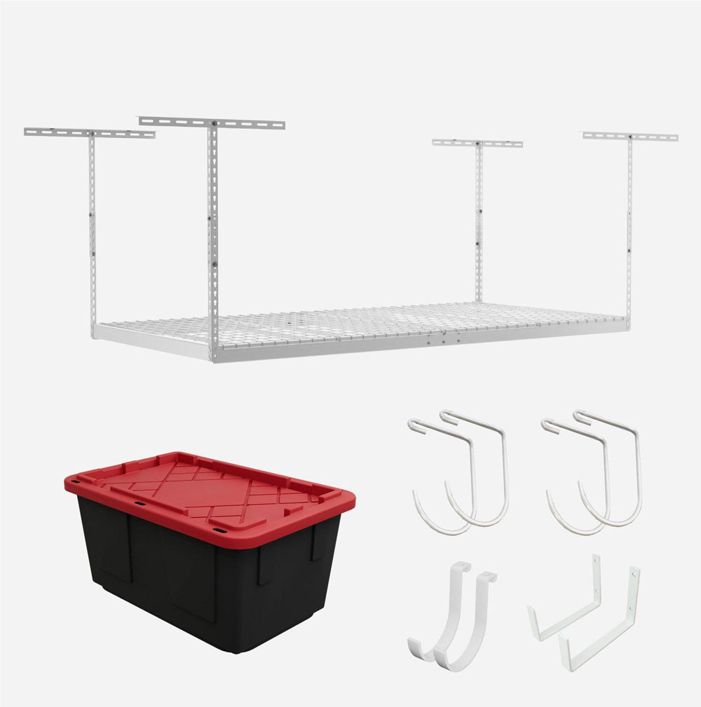 SafeRacks 4' x 8' Overhead Garage Storage Bundle w/ 5 Bins (Red)