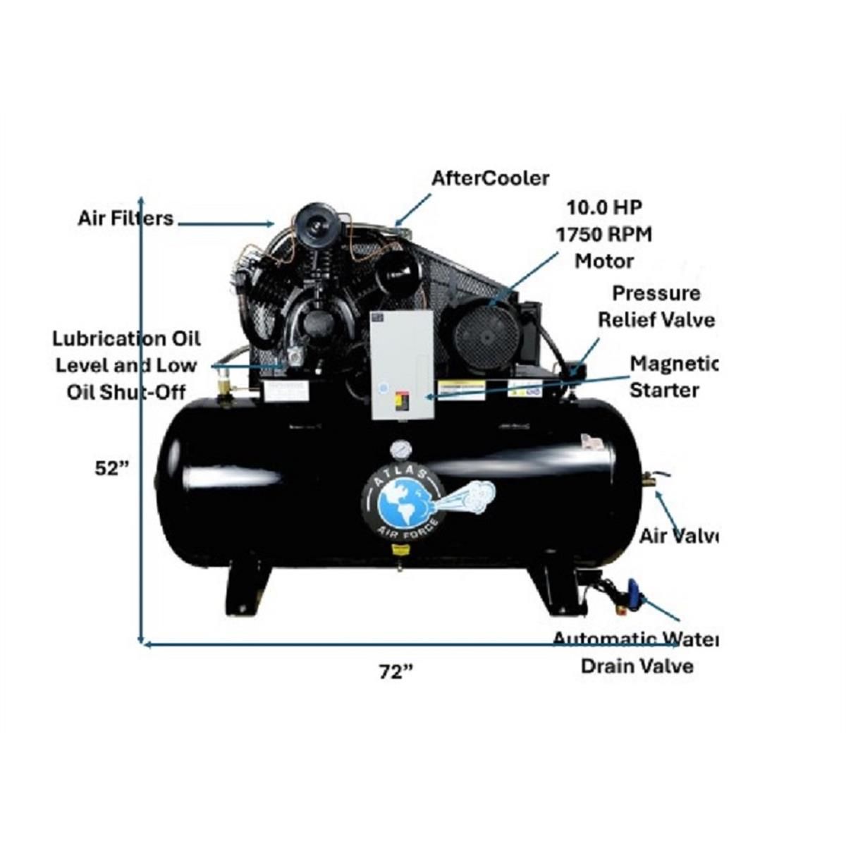 Atlas 10HP 1Phase 120 Gallon Horizontal Air Compressor