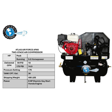 Atlas 9HP Gas Air Compressor w/Honda Motor & 30 gallon tank