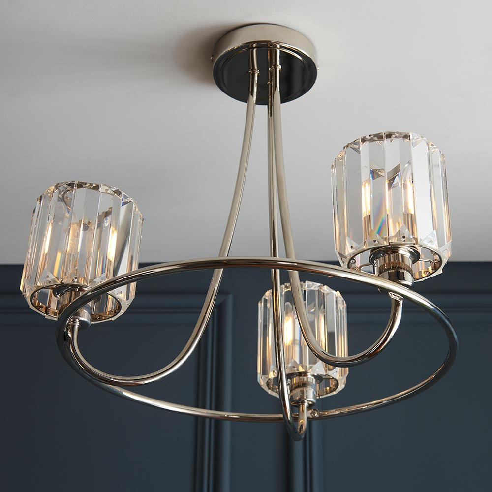 Berenice 3 Light Bright Nickel with Clear Diffuser Semi Flush Ceiling Light