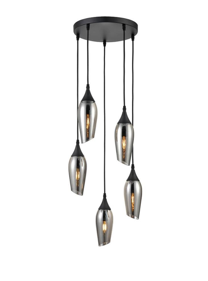 Taper 5 Light Black with Copper Cut Glass Cluster Pendant Light