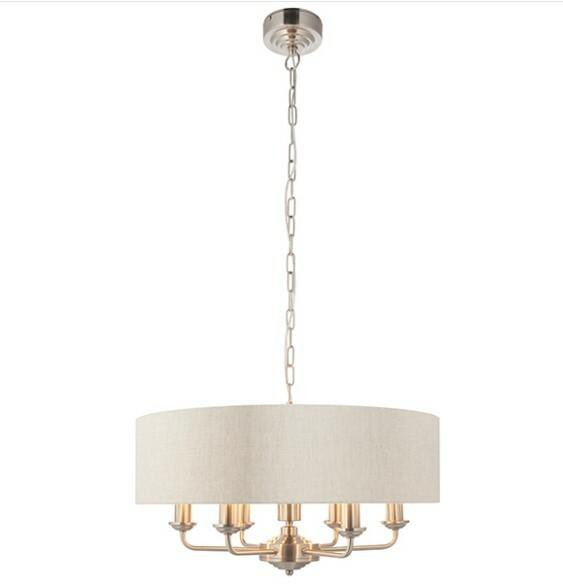 Cristin 4 Light Antique Brass, Taupe Ribbon Shade Pendant Light