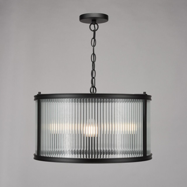 Bianka 3 Light Matt Black with Ribbed Glass Diffuser Pendant Light