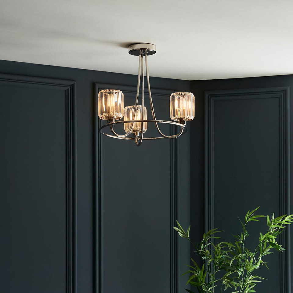 Berenice 3 Light Bright Nickel with Clear Diffuser Semi Flush Ceiling Light